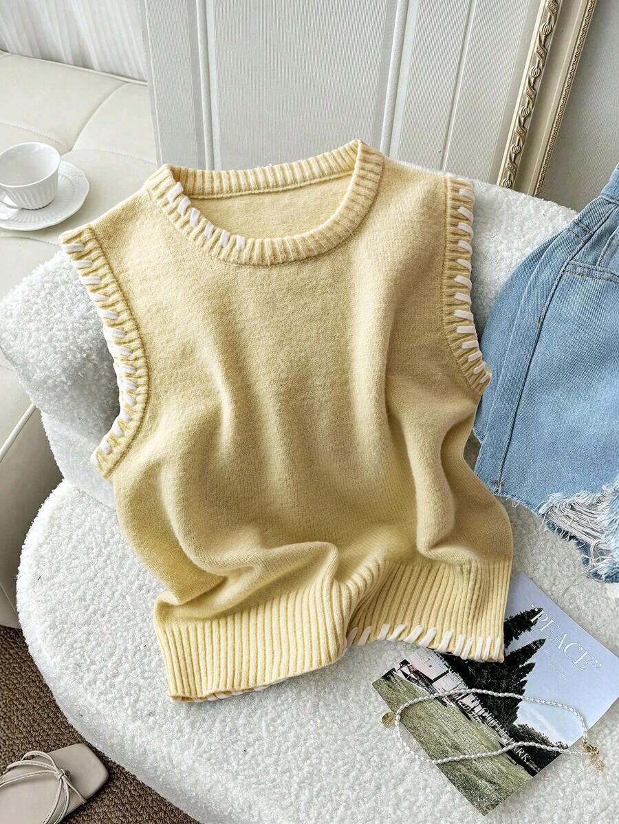 SHEIN LUNE Apricot Color Contrast Trim Casual Knit Vest for Sale ...