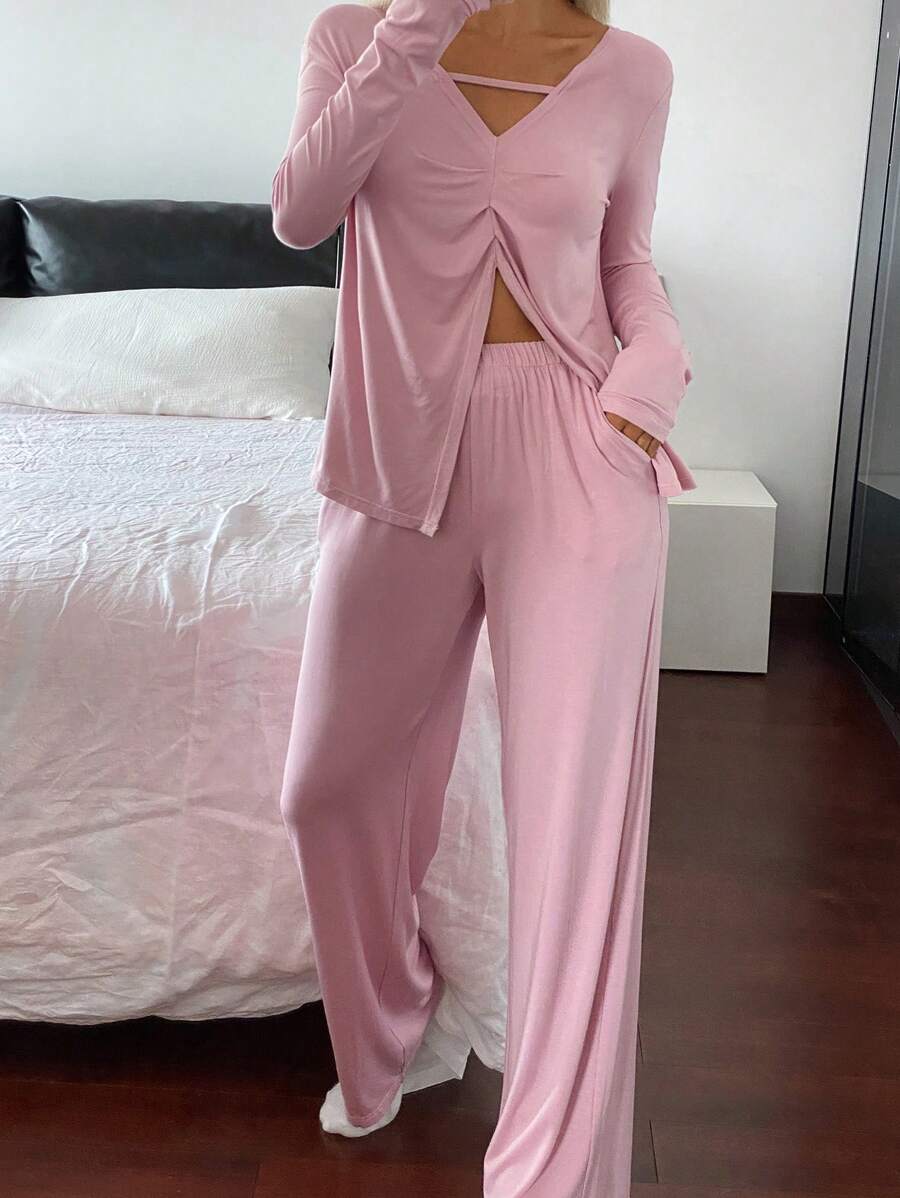 DAZY Simple Soft Knit Fabric Ruched Design Split Loungewear Set For ...