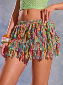 MUSERA Gerüschter gestrickter mehrstufiger Minirock, Sommer, Ibiza, Y2K ...