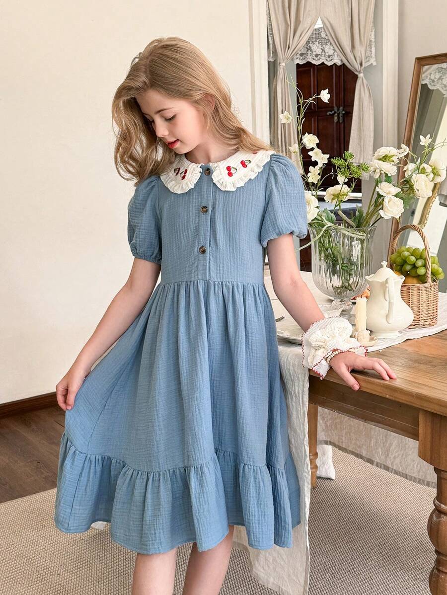 SHEIN LMoss Kids Tween Girls Woven Contrast Color Peter Pan Collar ...