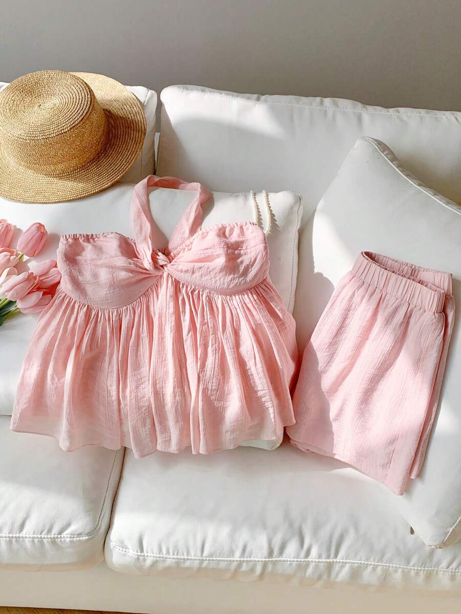 Comfortcana Summer Pink Halter Neck Camisole Top & Shorts Set , Beach ...