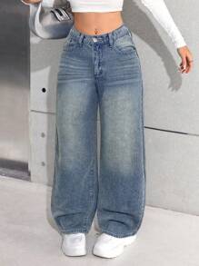 SHEIN Teenager Mädchen Y2K Lässig Basic Weite Blaue Jeans, Coole ...