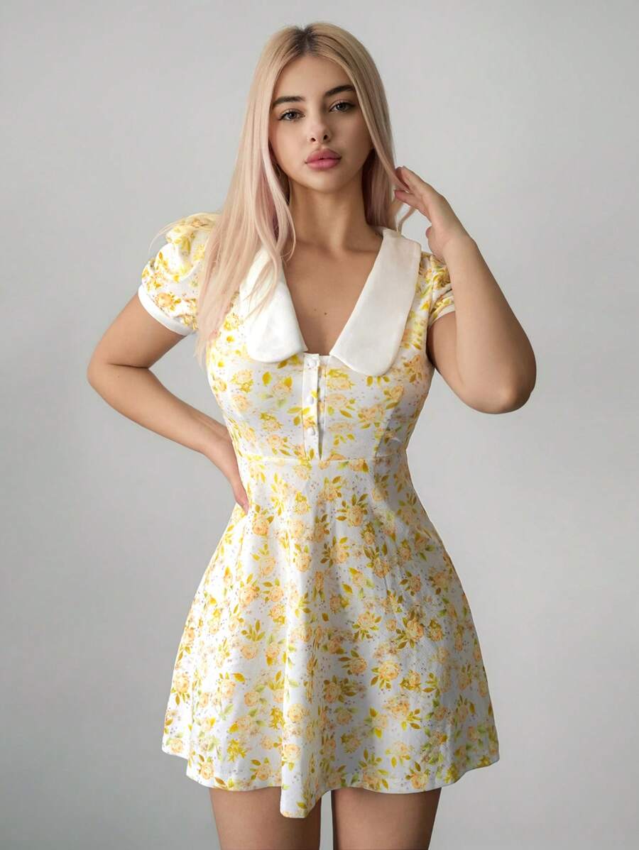 Sweetina New Sweet & Sexy Hot Girl Yellow Ditsy Floral Spaghetti Strap ...