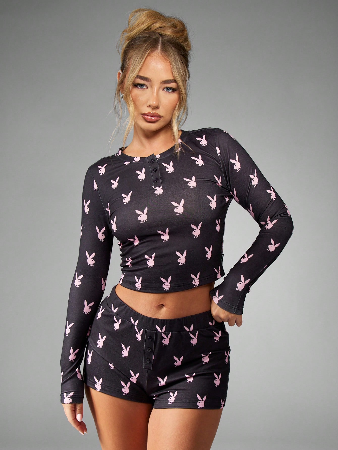 Missguided x Playboy Bunny Print Long Sleeve Two-Piece Henley Top ...