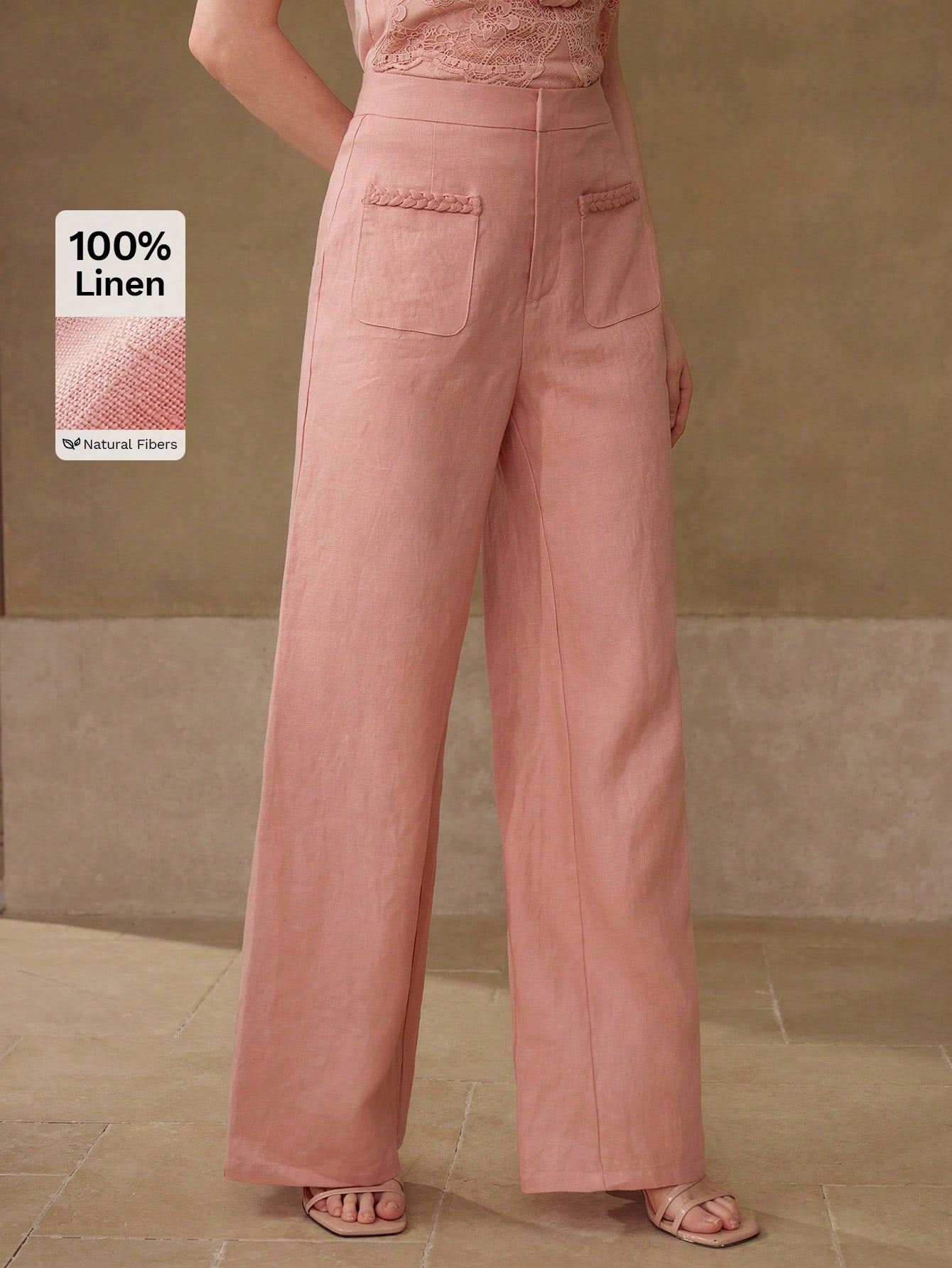 100% LINEN WIDE LEG PANTS WITH BRAID POCKET｜Motf