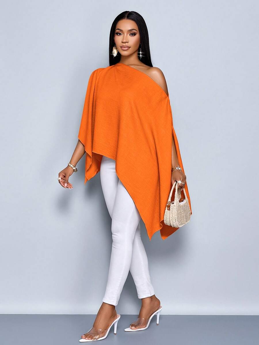 SOLERSUN Women One Shoulder Cape Sleeve Asymmetric Hem Linen Blouse ...