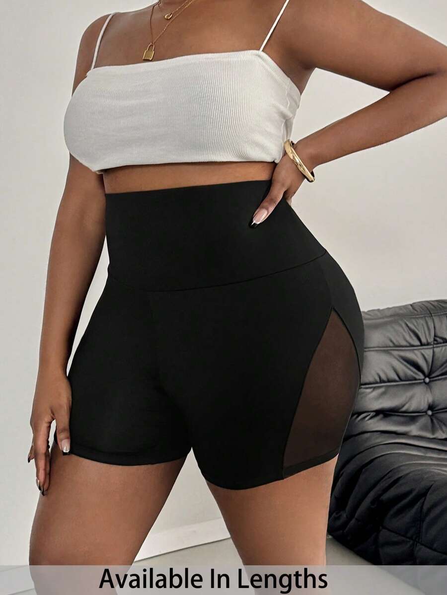 SHEIN PETITE CURVE Plus Size Women's Black Fitted Short Splice Mesh ...