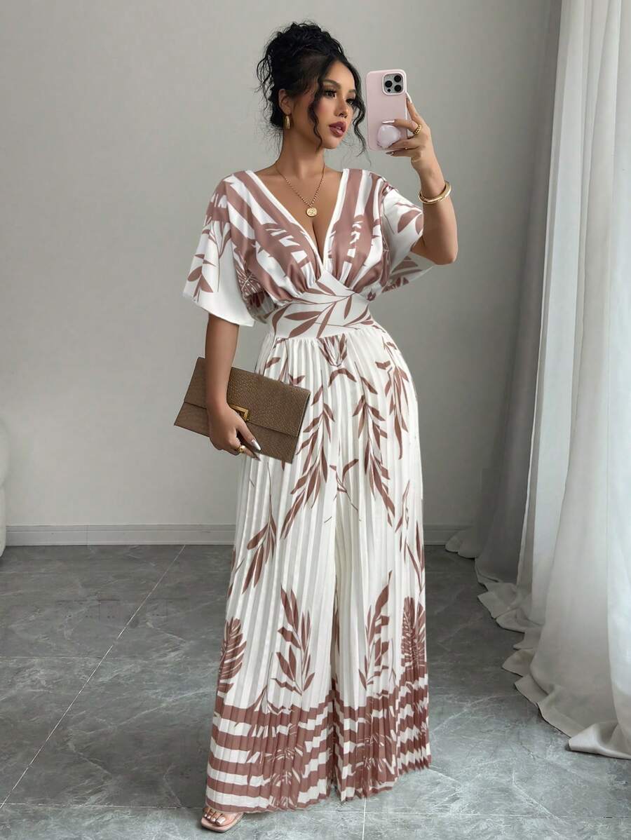 Elenzga Women's Branch Print Deep V-Neck Batwing Sleeve Plisse Jumpsuit For Vacation for Sale ...