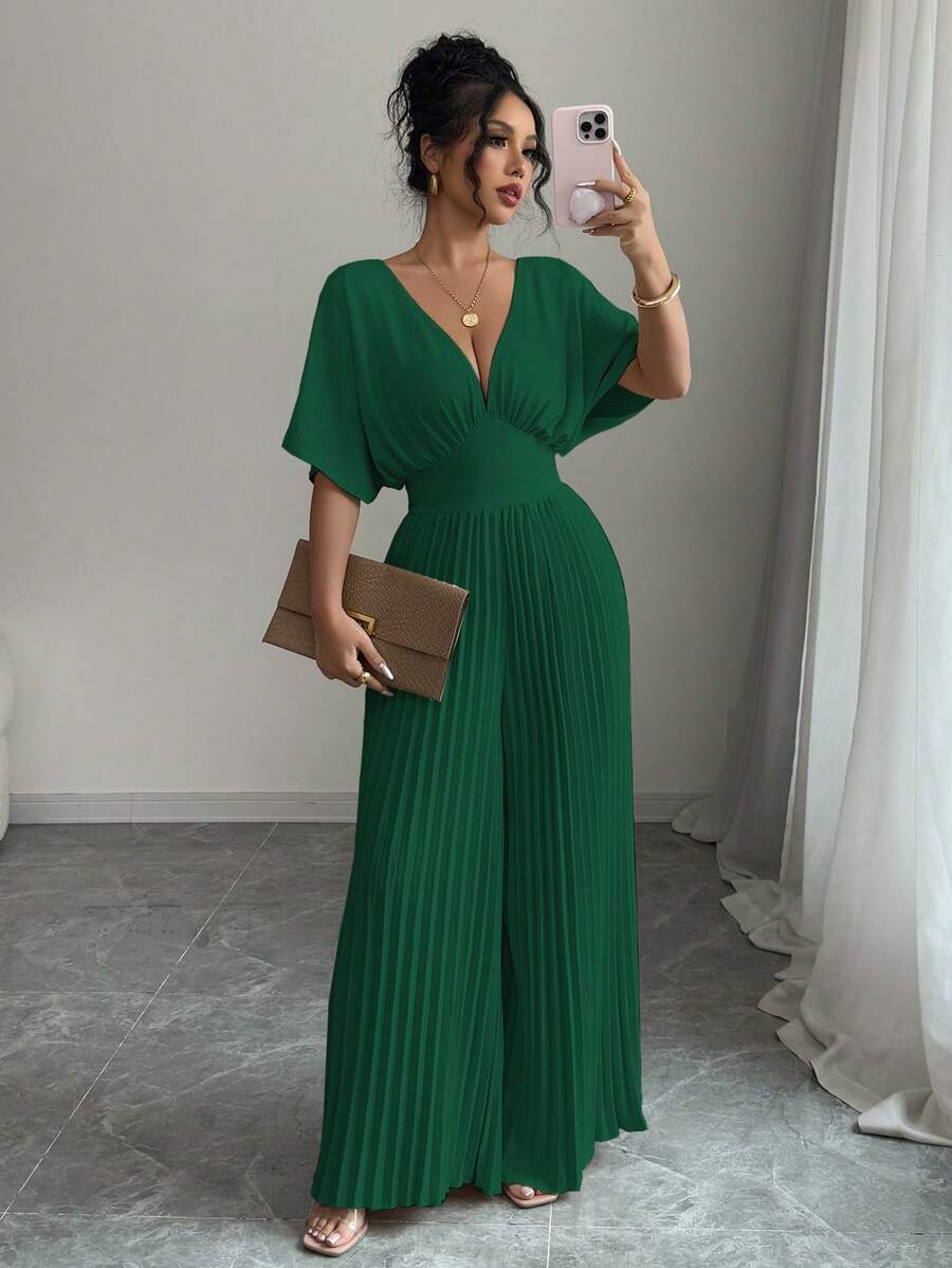 SHEIN PETITE Solid Color Deep V-Neck Bat Wing Pleated Detail Elegant Women Jumpsuit | SHEIN USA