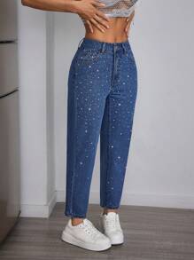 SHEIN PETITE Jeans aderenti da donna con tasche e decorazioni in strass ...