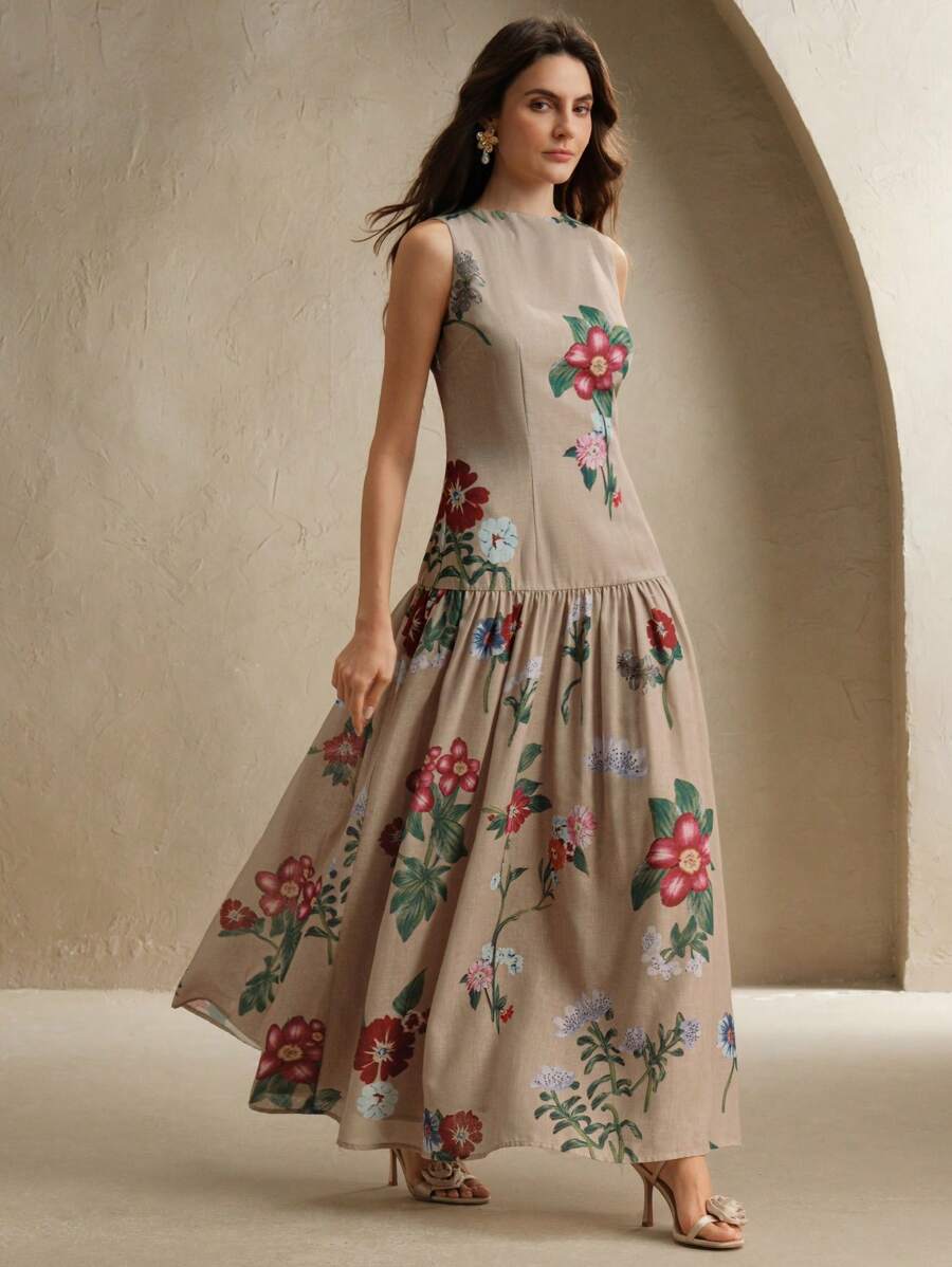 Anewsta Summer Elegant Floral Low Waist Swing Long Dress With Waist ...
