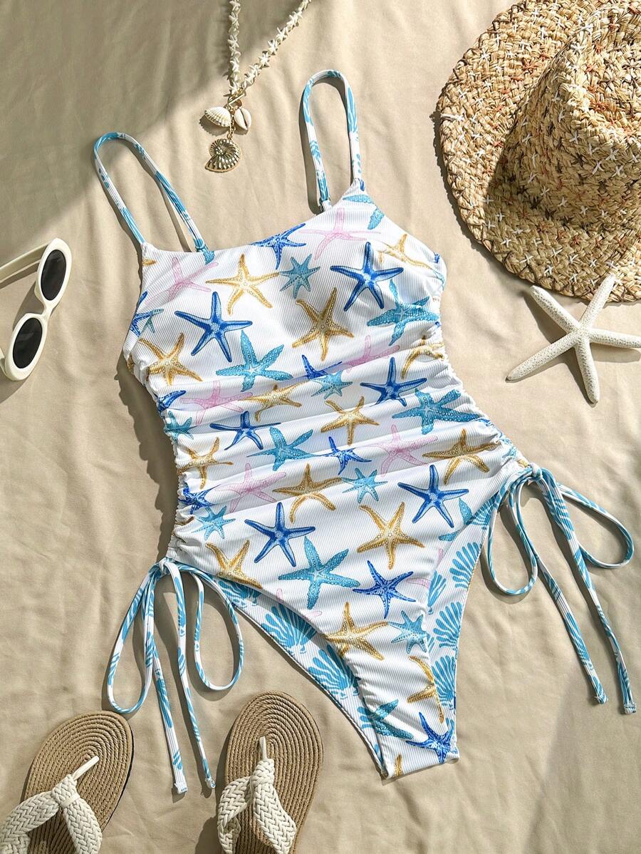 Swim Mod Summer Holiday Random Printed Ribbed Textured Fabric Spaghetti ...