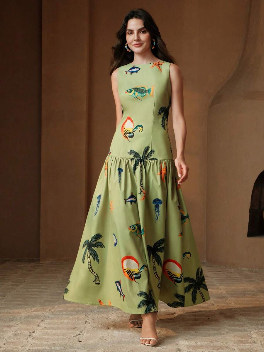 Anewsta Elegant Women Sleeveless Ruffled Waist Coconut Tree Printed Maxi Dress, Vacation ...