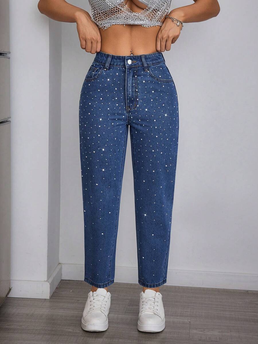 SHEIN PETITE Jeans aderenti da donna con tasche e decorazioni in strass ...