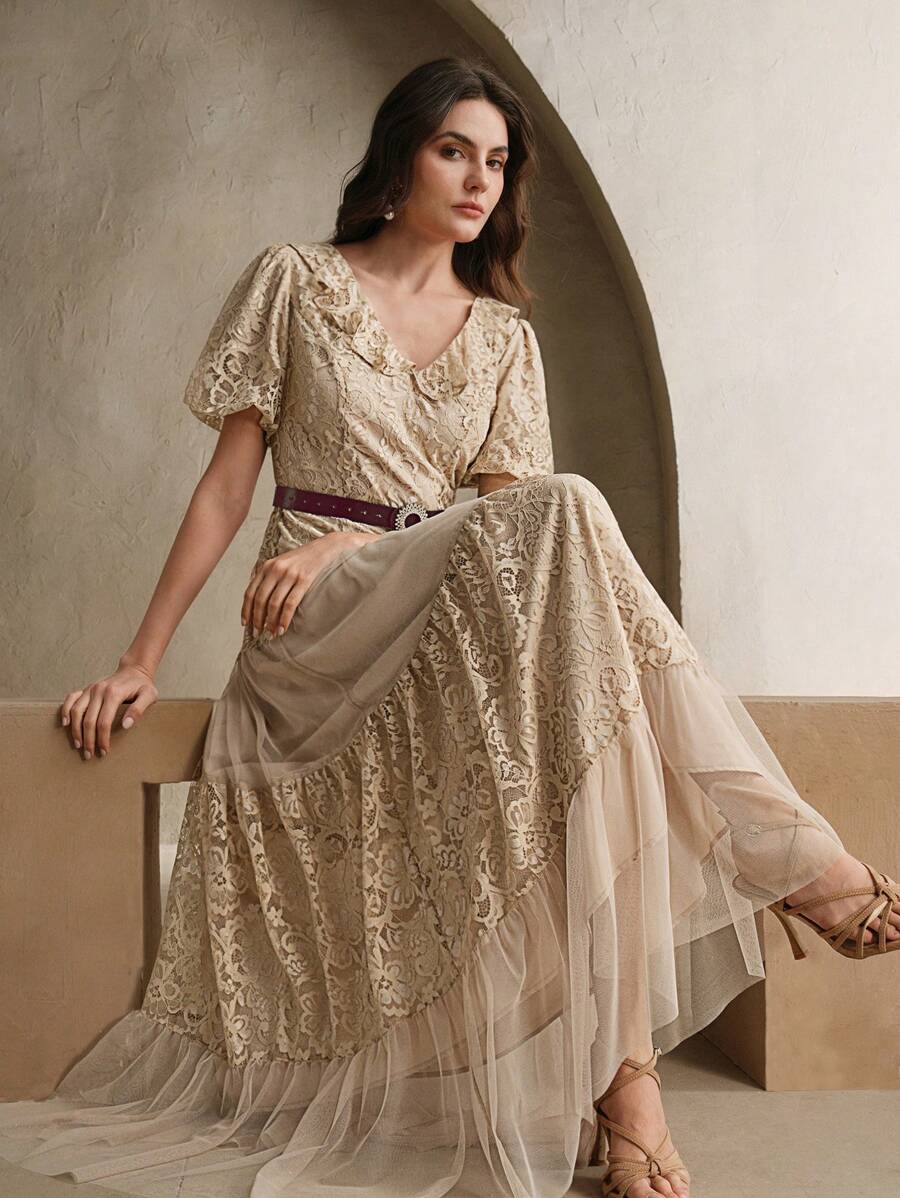 Anewsta Women Lace Mesh Splice Long Dress, Spring And Summer, Suitable ...