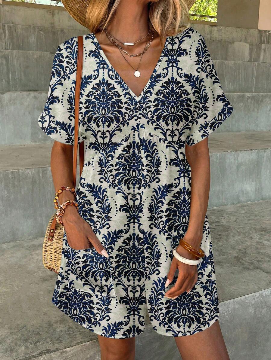 SHEIN LUNE Floral Print Boho Dress For Women, Suitable For Spring ...
