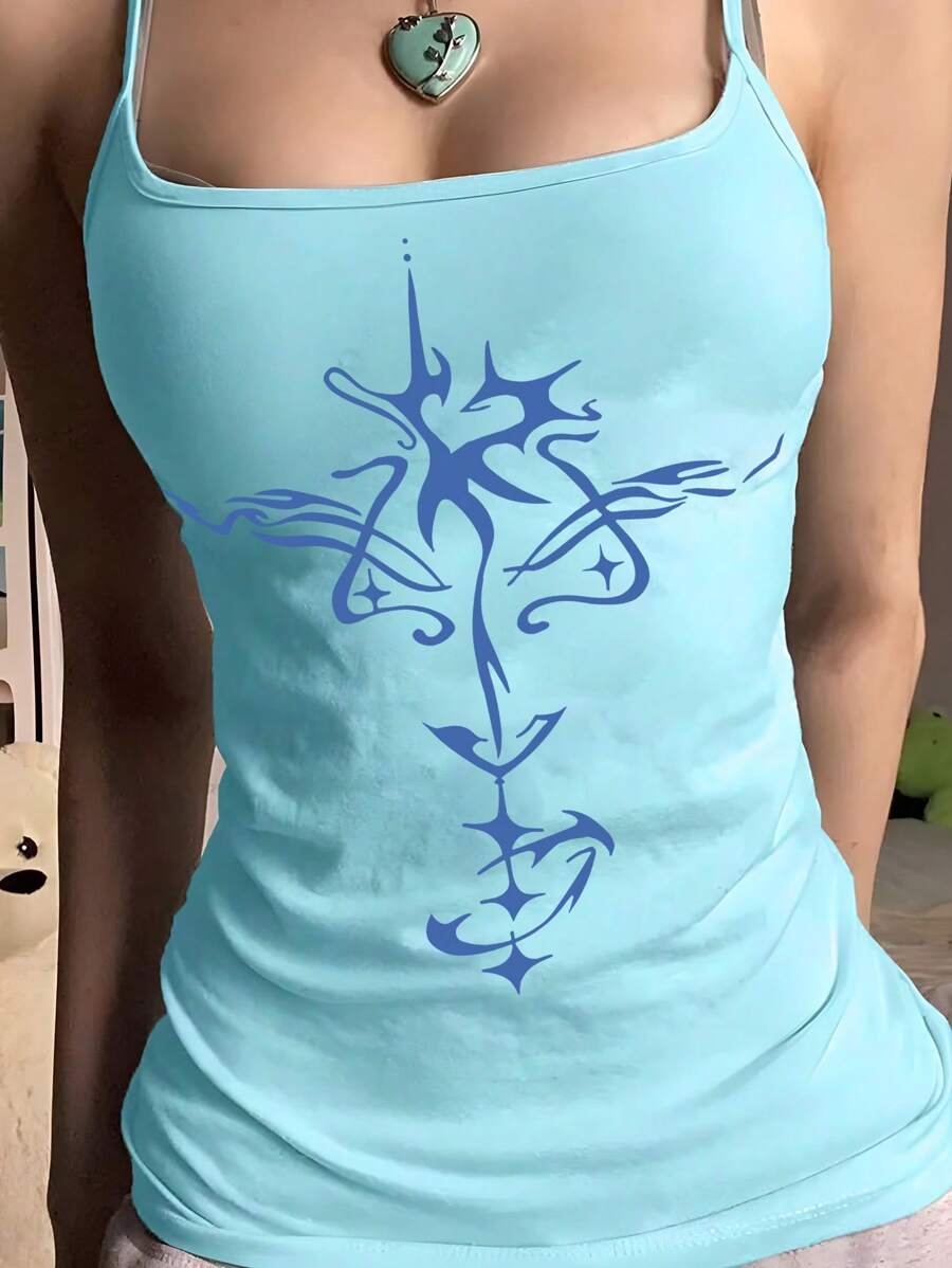Flirla Vintage Floral Print Blue Casual Sleeveless Tank Top For Women ...