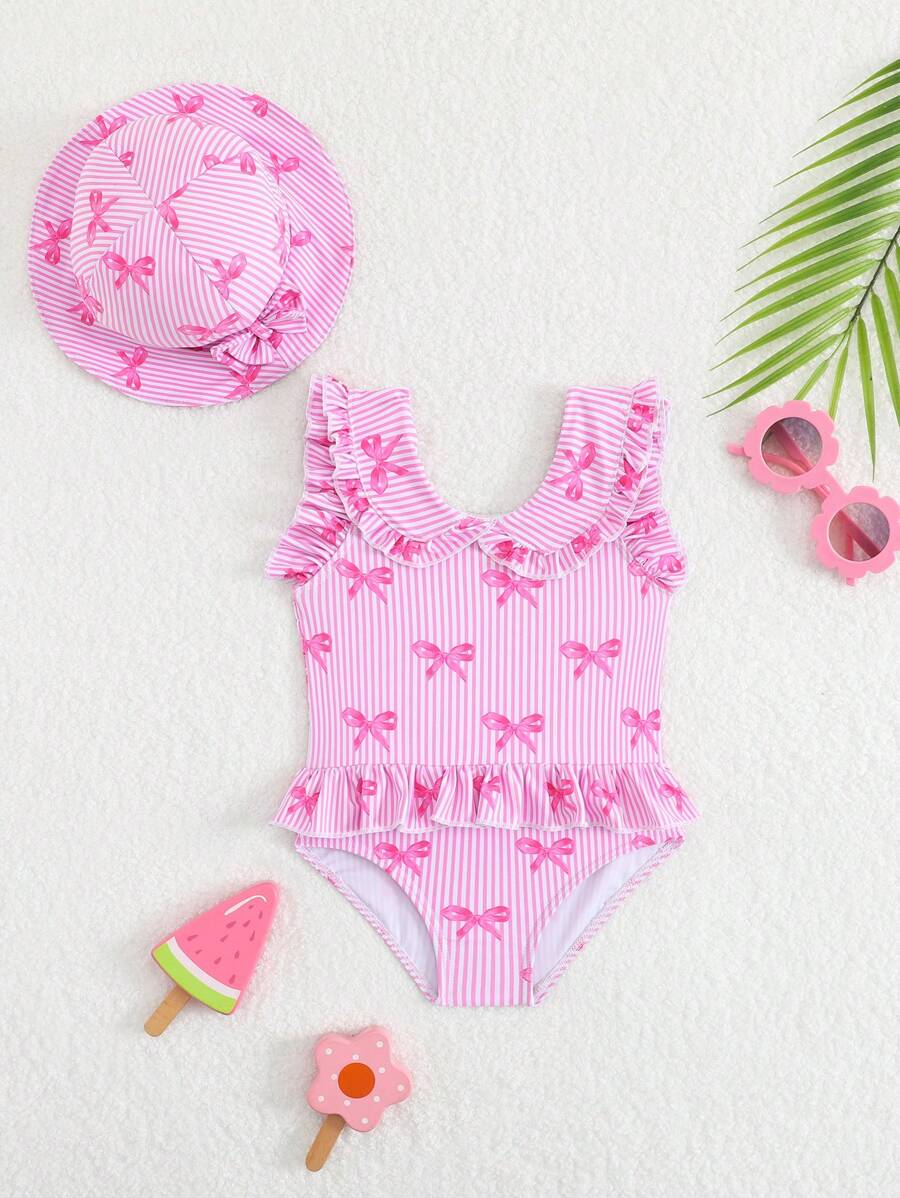 Baby Girl Bow Striped Ruffle One-Piece Swimsuit With Hat Bathing Suit ...