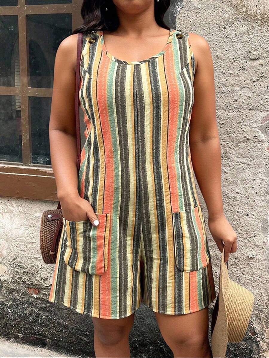 EMERY ROSE Plus Size Women Colorful Striped Pocket Round Neck Loose Jumpsuit With Strap | SHEIN USA
