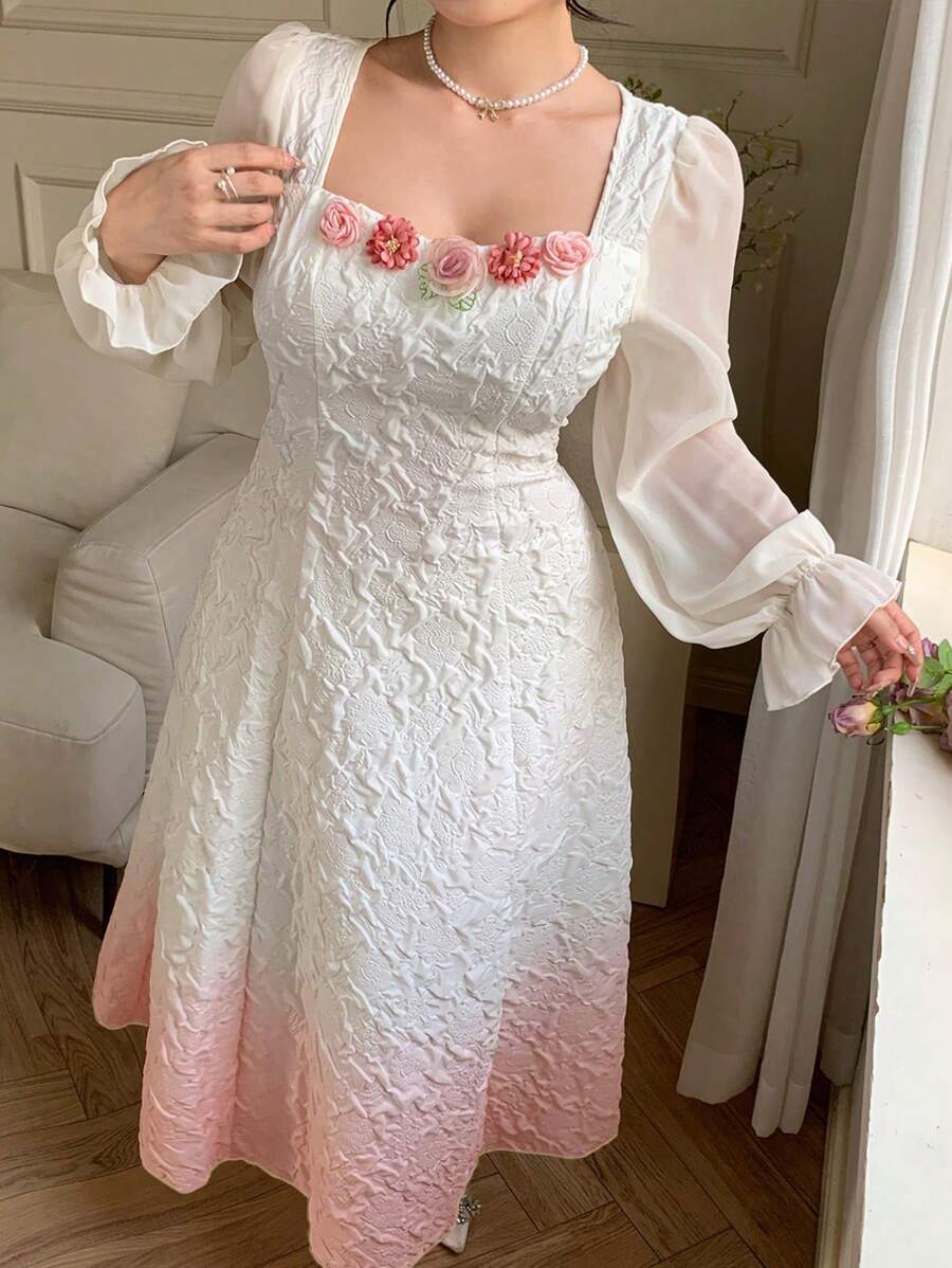 Seusyu Plus Size Elegant Ombre Textured 3D Floral Print Dress Women ...