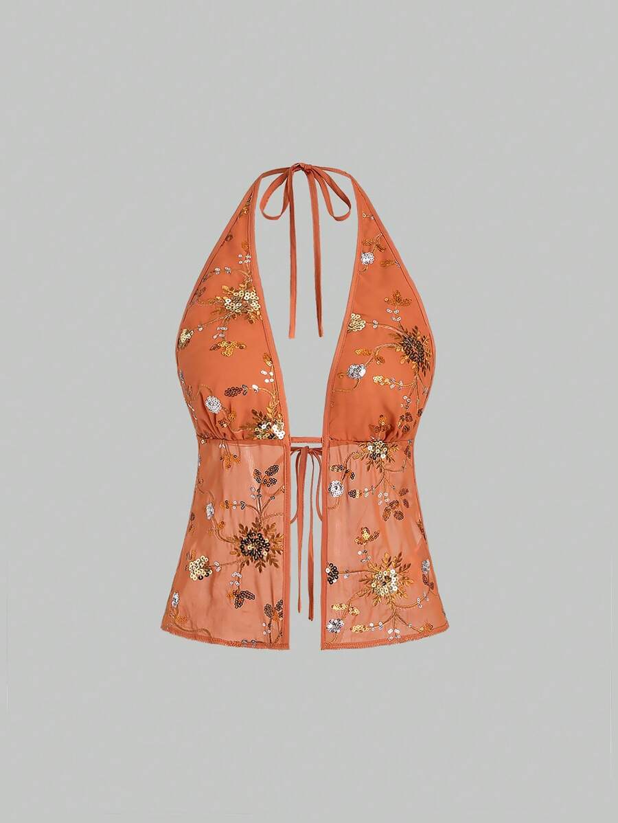 Sweetra New French Summer Orange Sequins Embroidery Spaghetti Strap ...