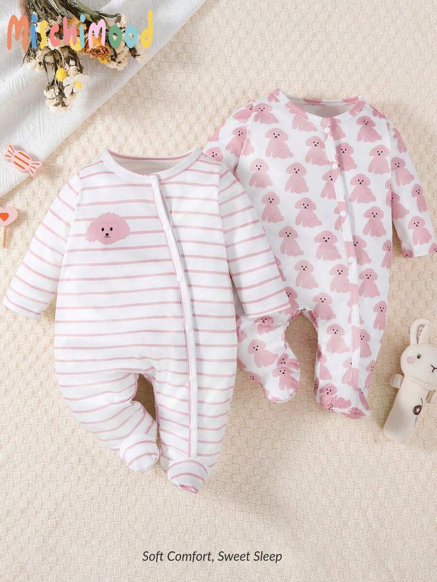 SHEIN 2pcs Baby Girl Pink Striped Long Sleeve Footed Romper With Pink Bear Print Two-Piece Set ...