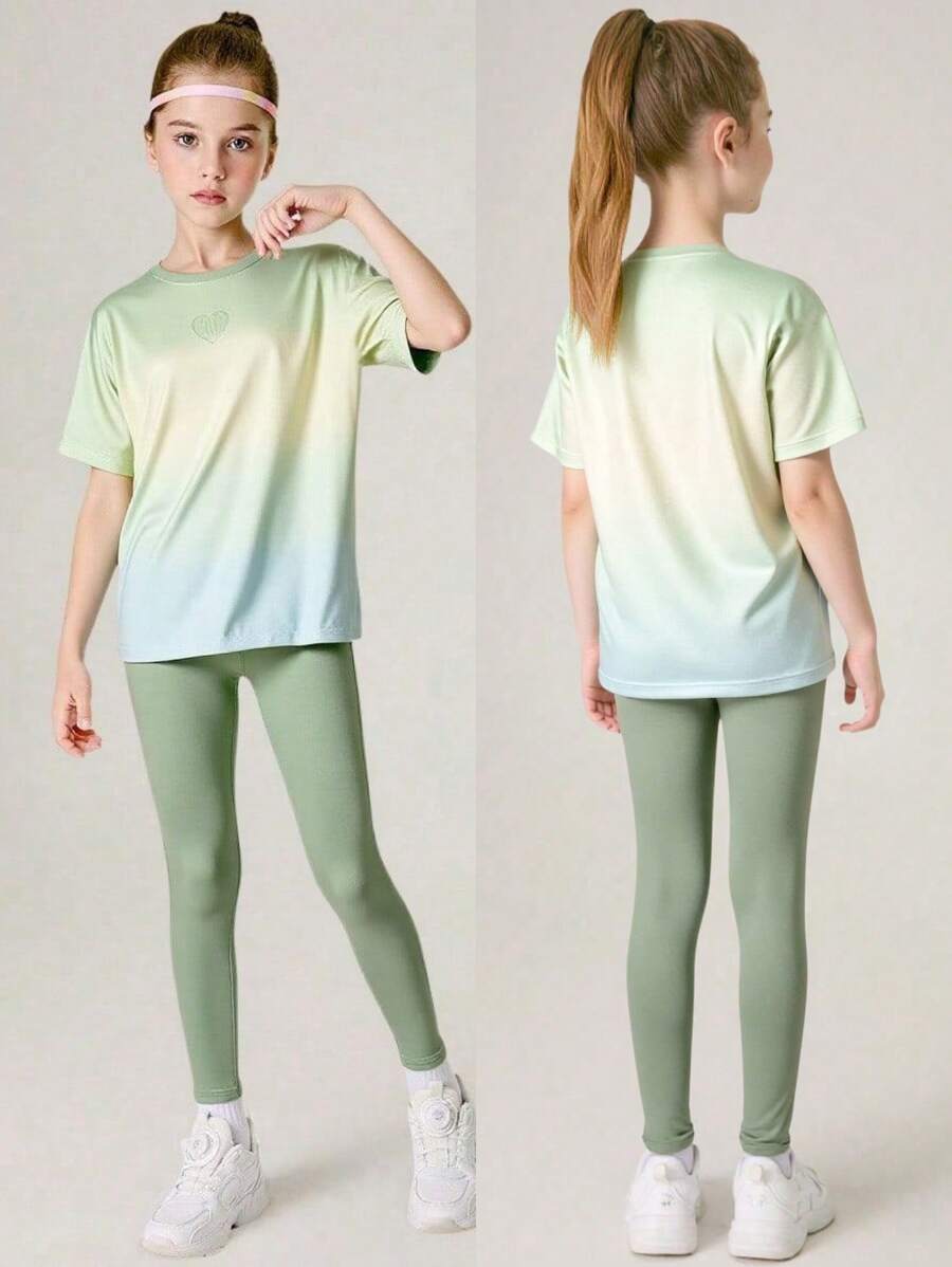 SHEIN Tween Girls 2 Pieces Set: T-Shirt + Leggings, Yoga/Sports/Running ...