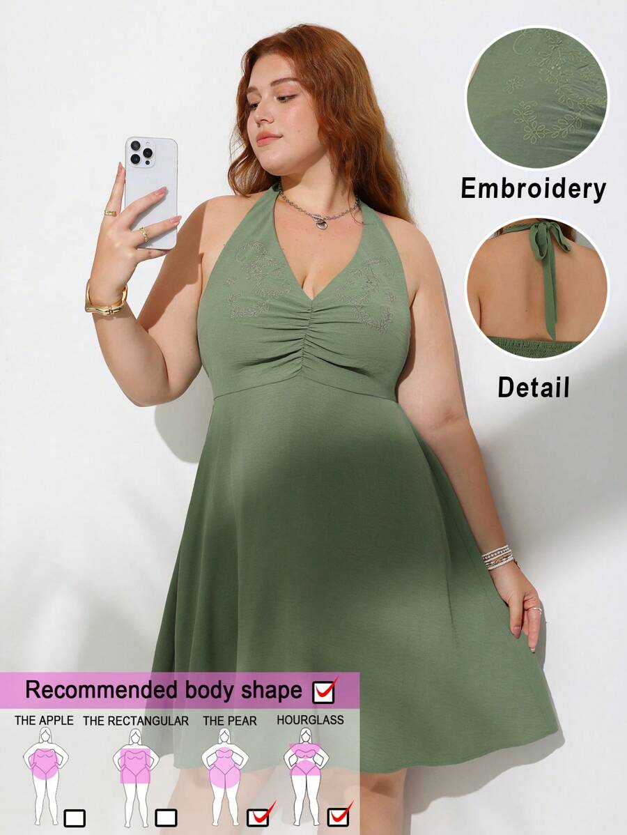 SHEIN EZwear Plus Size Summer Dress: Olive Green Halter Neck Sleeveless Ruched Woven Fabric ...