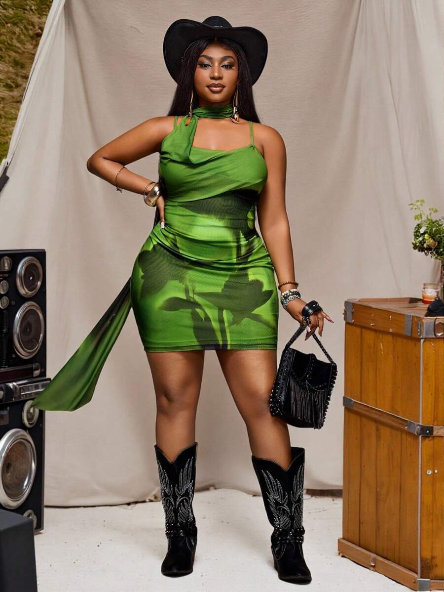 Slaydiva 2025 Spring & Summer New Arrival Elegant Party Mini Dress, Green Placement Floral ...