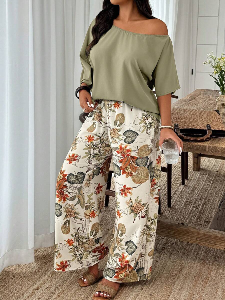 Weeklong 2pcs/Set Plus Size Solid Color Shirt & Random Print Pants ...