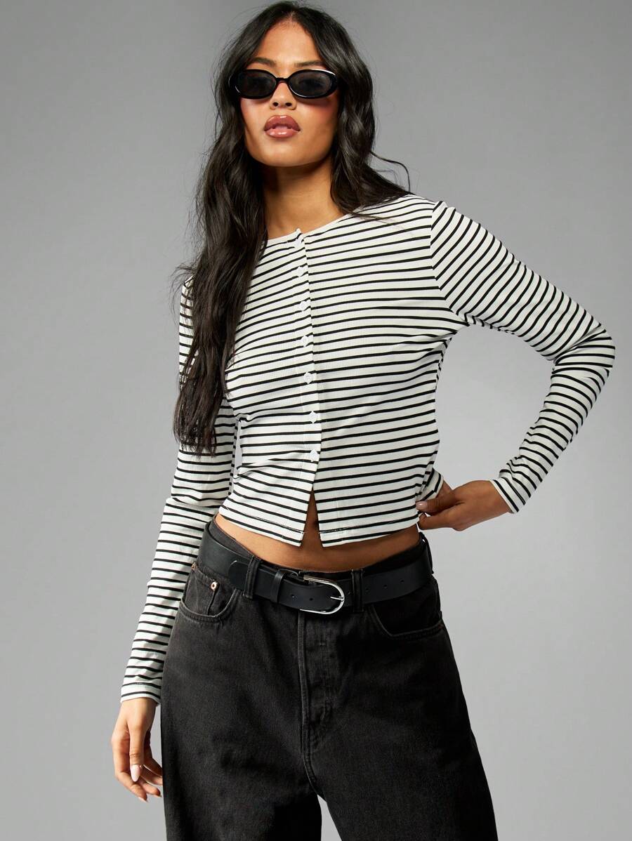 MISSGUIDED Striped Button Front Crop Top Ribbed Long Sleeve Fitted Y2K ...