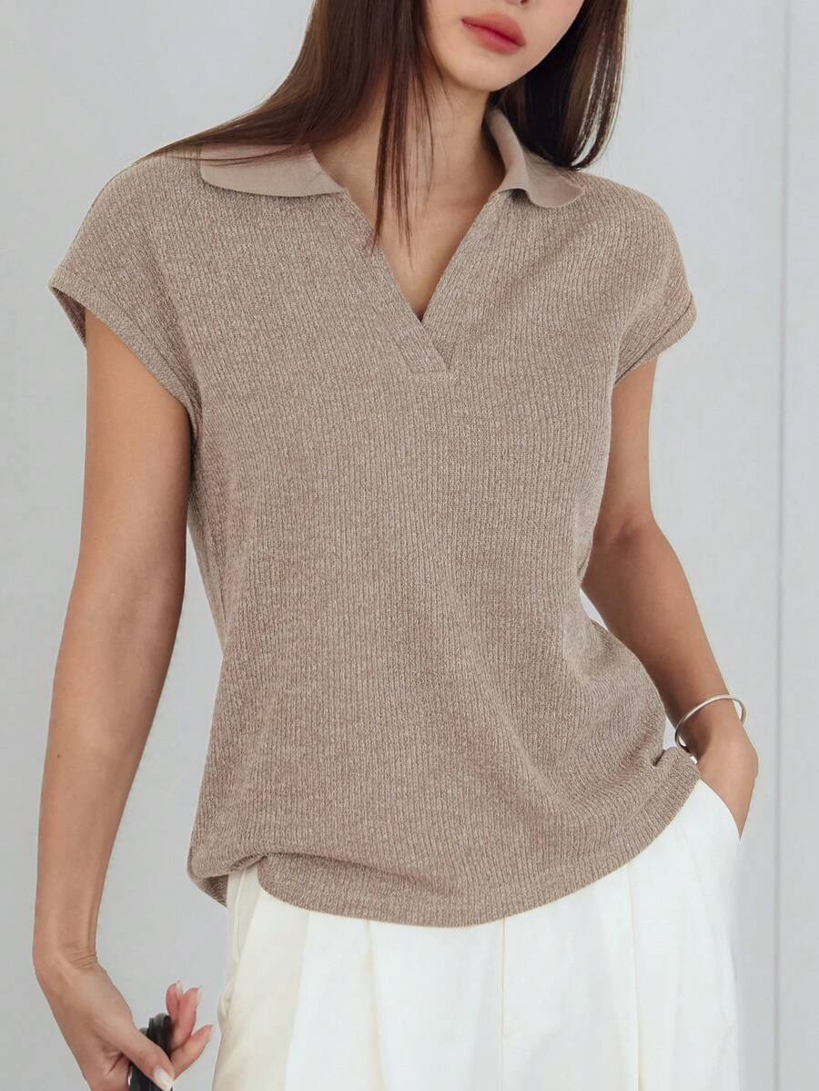Dazy-Less Loose Casual Knitted Solid Color Patchwork Short Sleeve Women ...