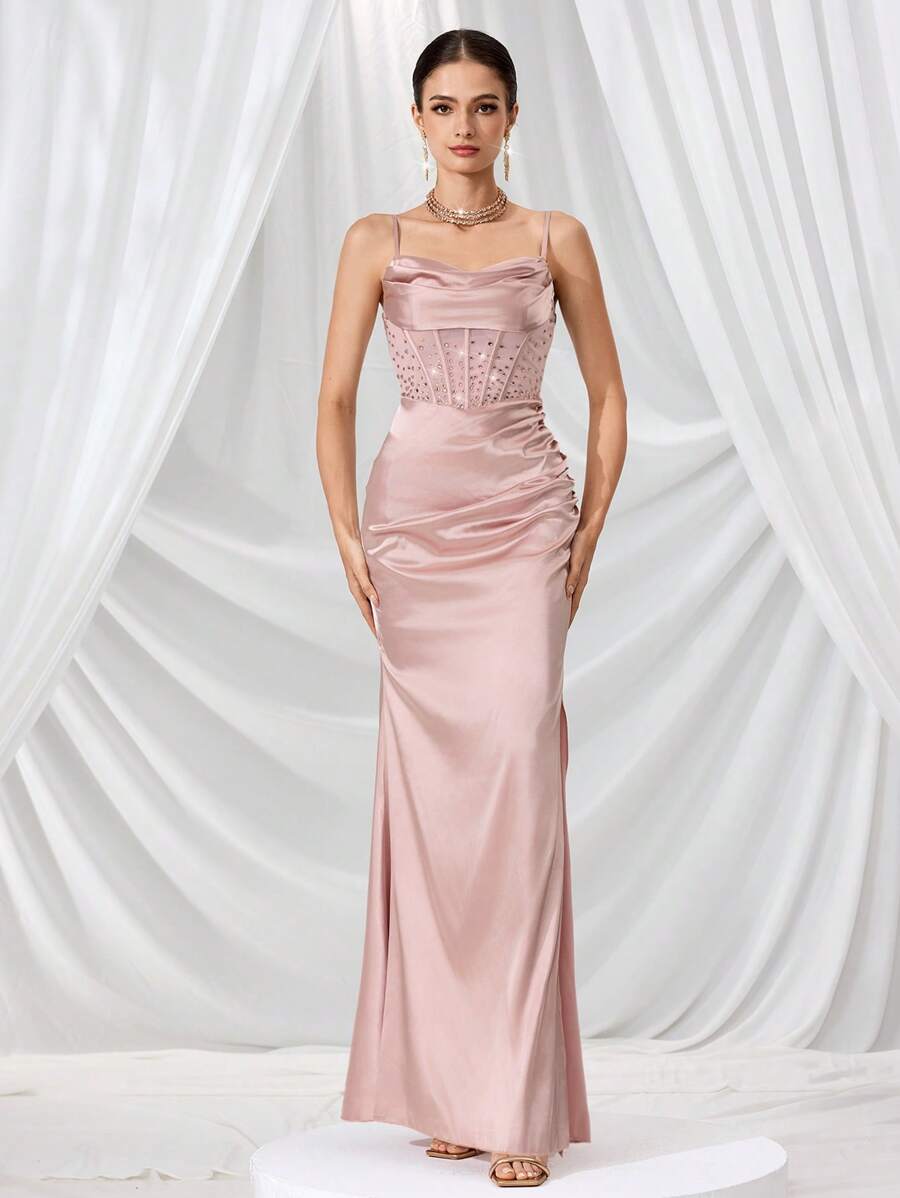 Coutiva Women Rhinestones Embellished Sheer Long Evening Gown Dress ...
