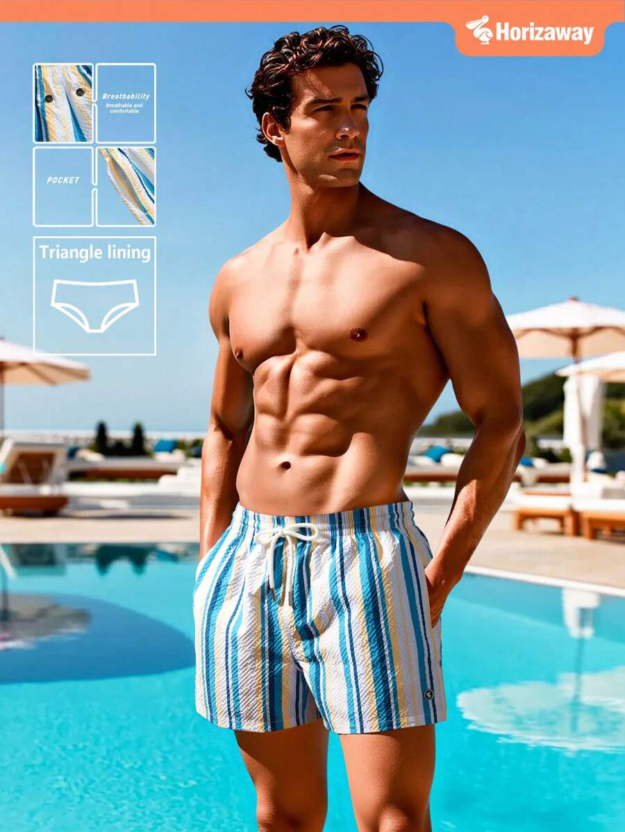 Horizaway Men's Striped Print Drawstring Waist Pocket Beach Shorts ...