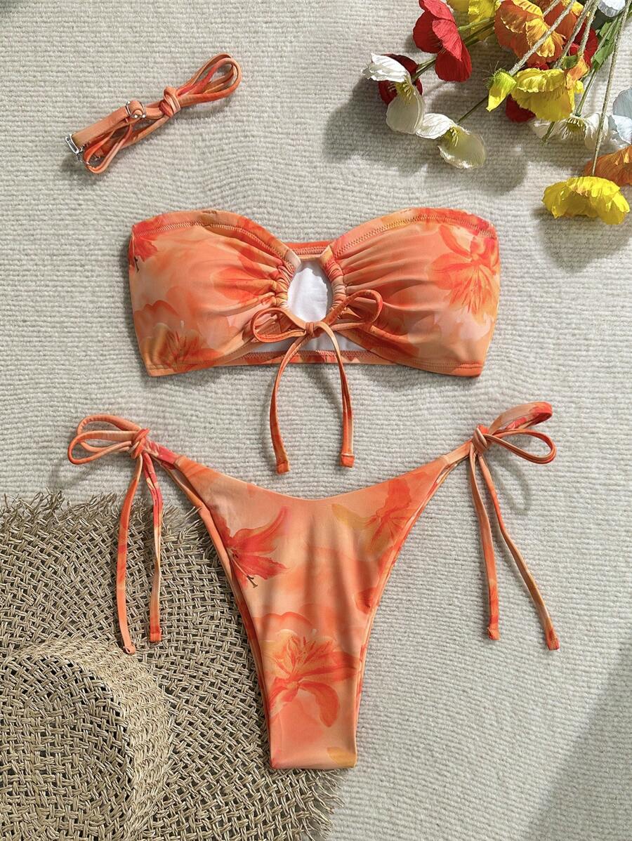 Soleia New Floral Print Women Vacation Set: Halter Cut-Out Tied Bow ...