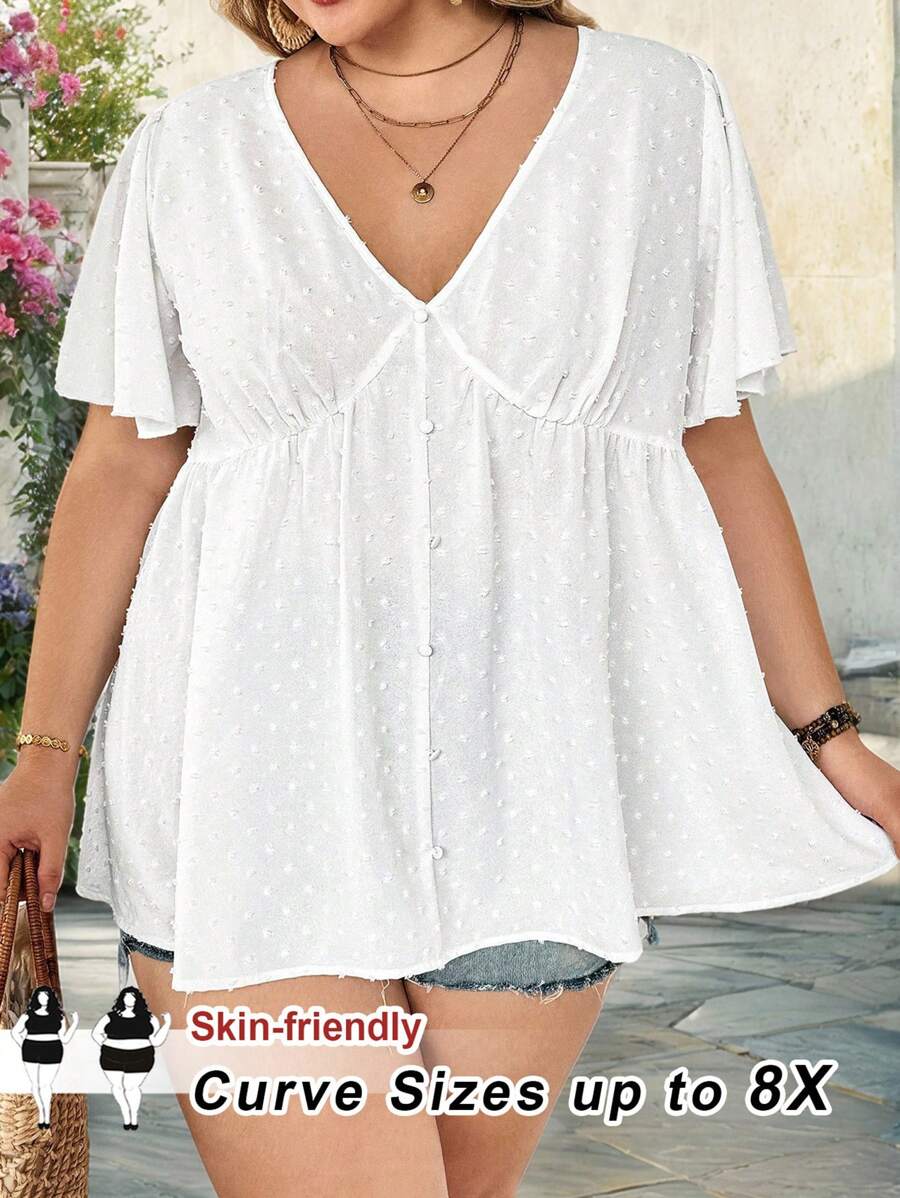 SHEIN CURVE+ Summer Plus Size French-Style White V-Neck Blouse ...