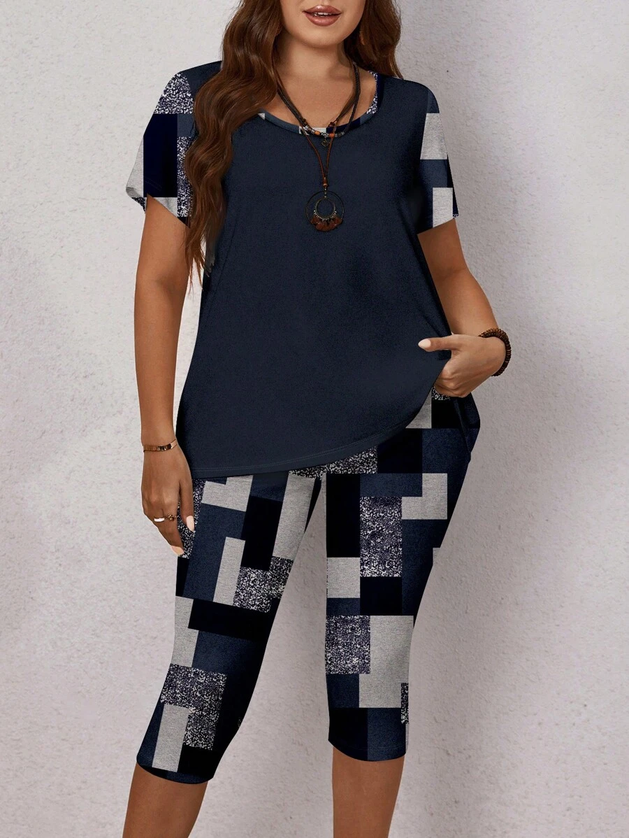 EMERY ROSE Plus Size Women Geometric Print Short Sleeve Top And Capri Pants 2 Pieces Casual Set ...