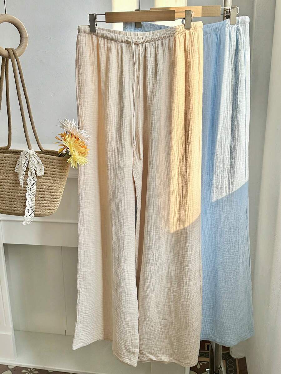 Flirla 100% Cotton Solid Color Knotted Casual Versatile Pants Set ...