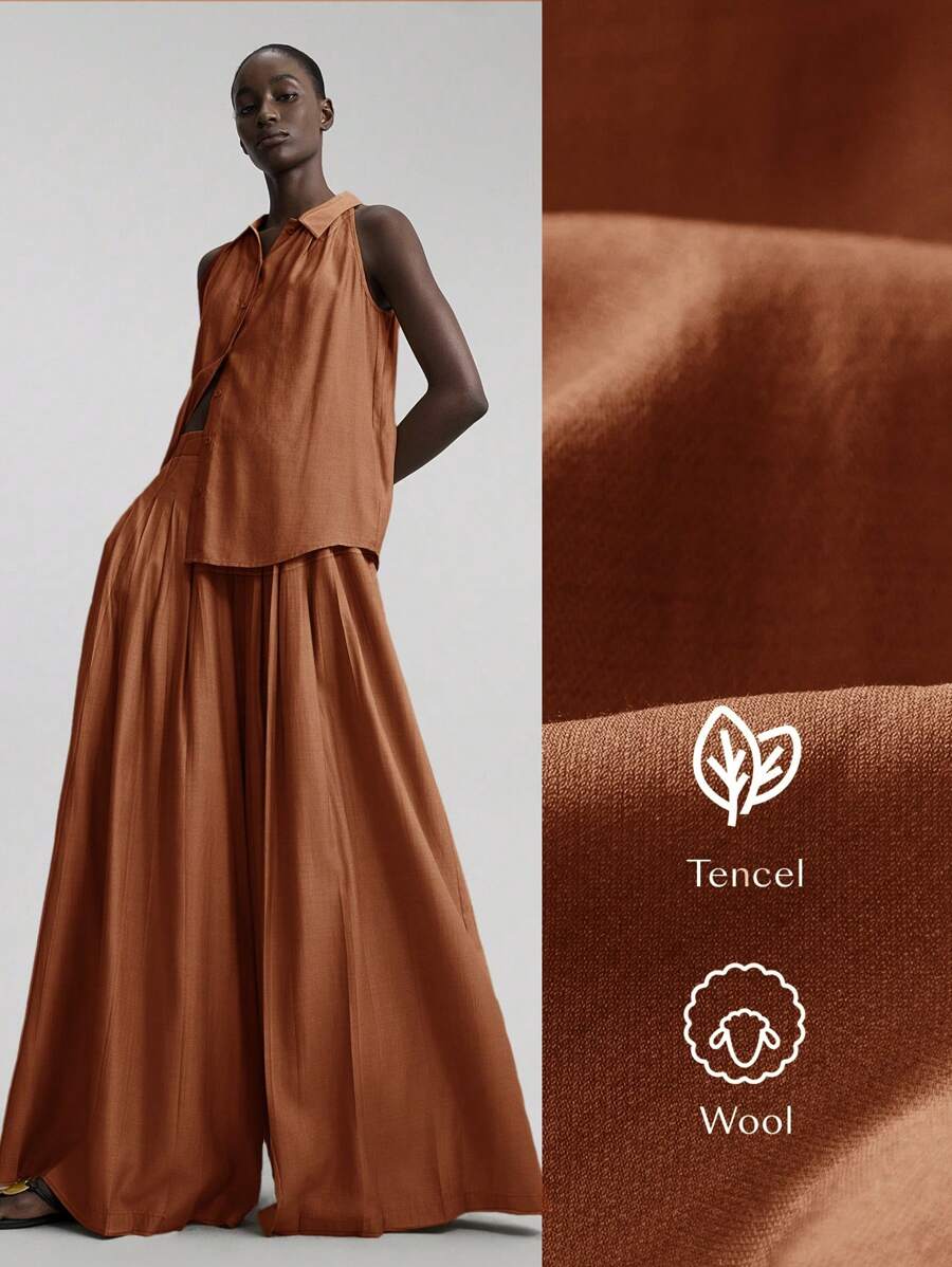 Ontre 2pcs Set Women's Vacation Style Outfit, Mustard Color Sleeveless Blouse And Wide Leg Pants ...