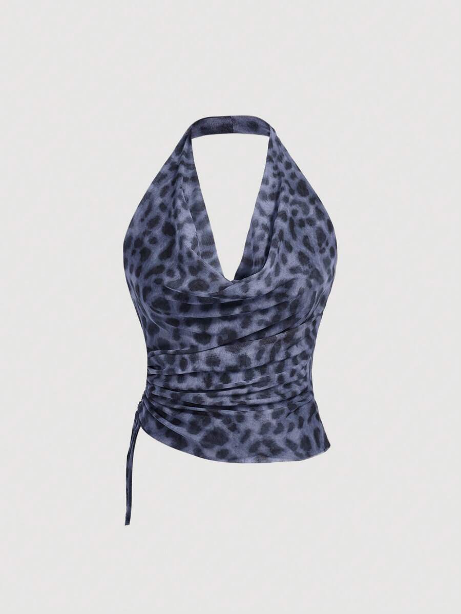 GENKIRA Vintage Random Leopard Mesh Fabric Swing Neck Asymmetric Ruched ...