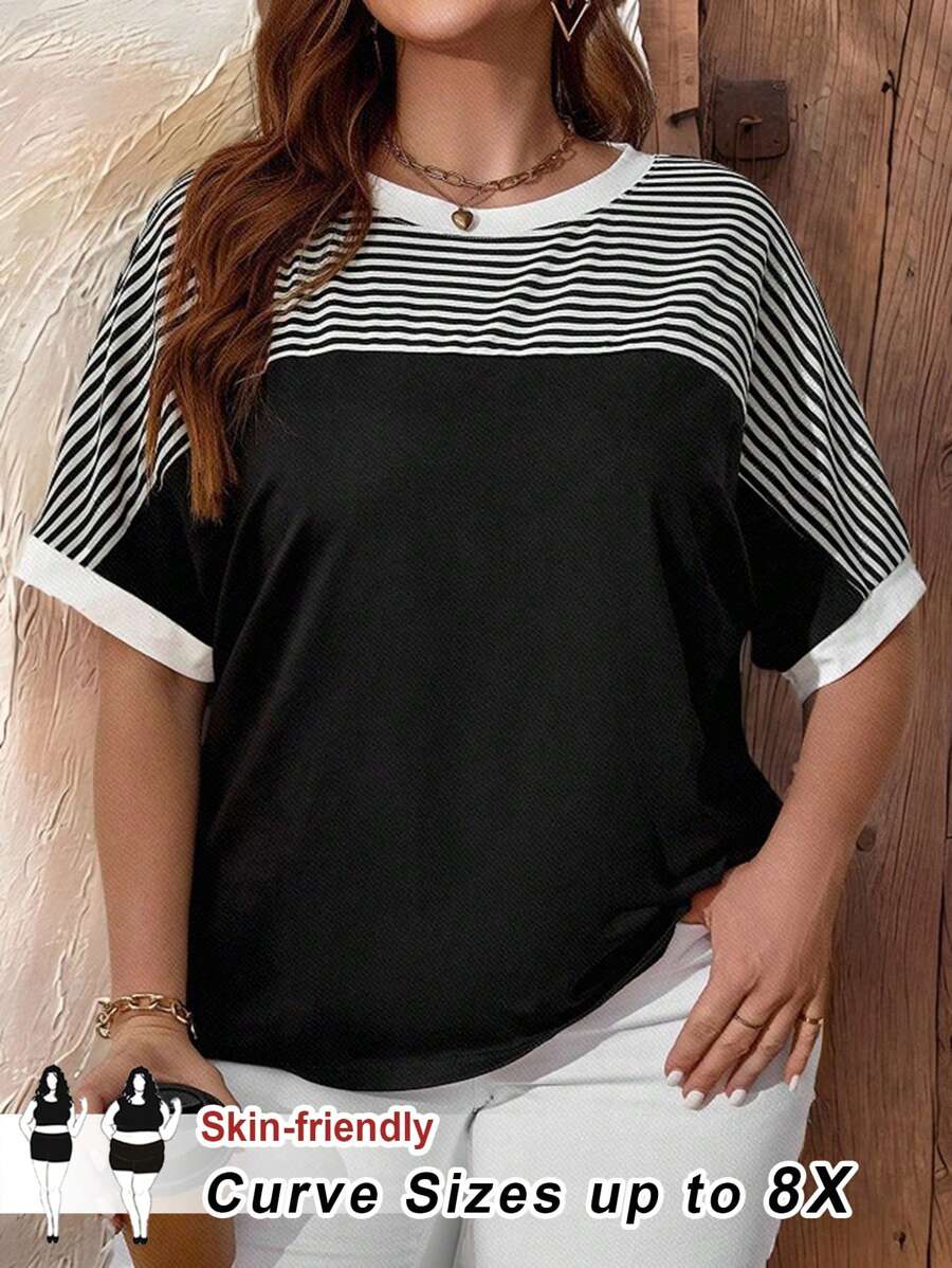 SHEIN CURVE+ Plus Size Women'S Striped Pattern Batwing Sleeve T-Shirt For Spring/Plus Size T ...