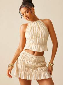 Hauture Women's 2pcs Smocking Halter Backless Top And Mini Skirt ...