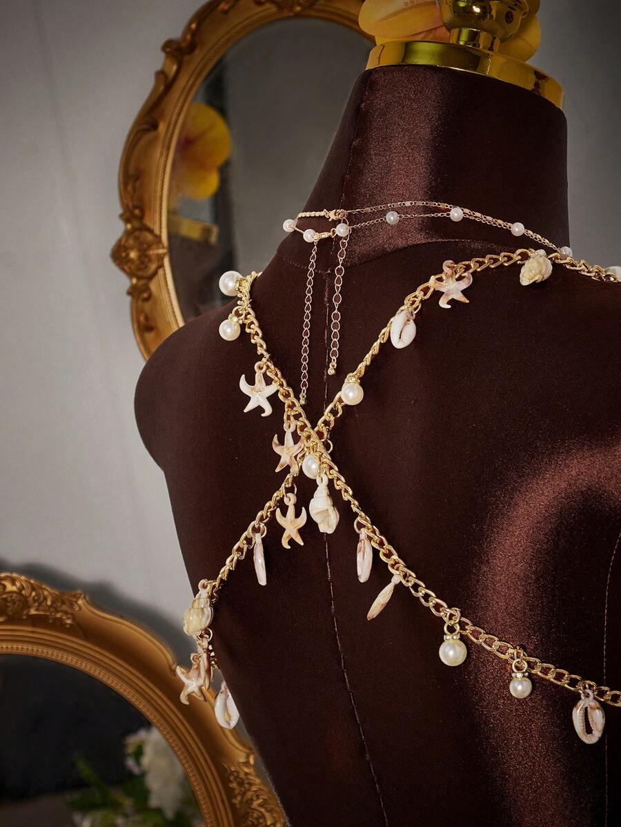 Amplova Seashell Chain Knitted Intarsia Mesh Plunge Neck Tank Top ...