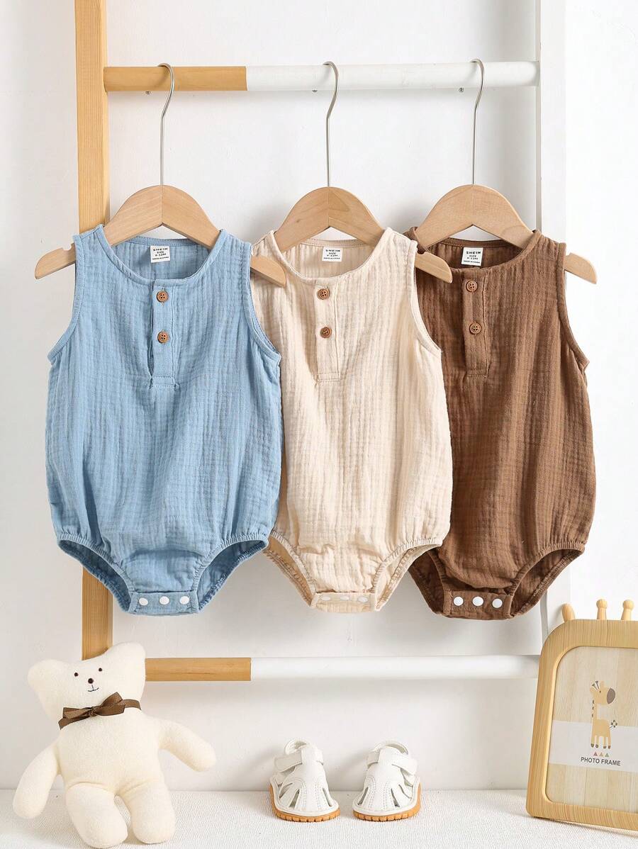 SHEIN 3pcs Set Newborn Baby Boy Cute Solid Color Muslin Sleeveless ...