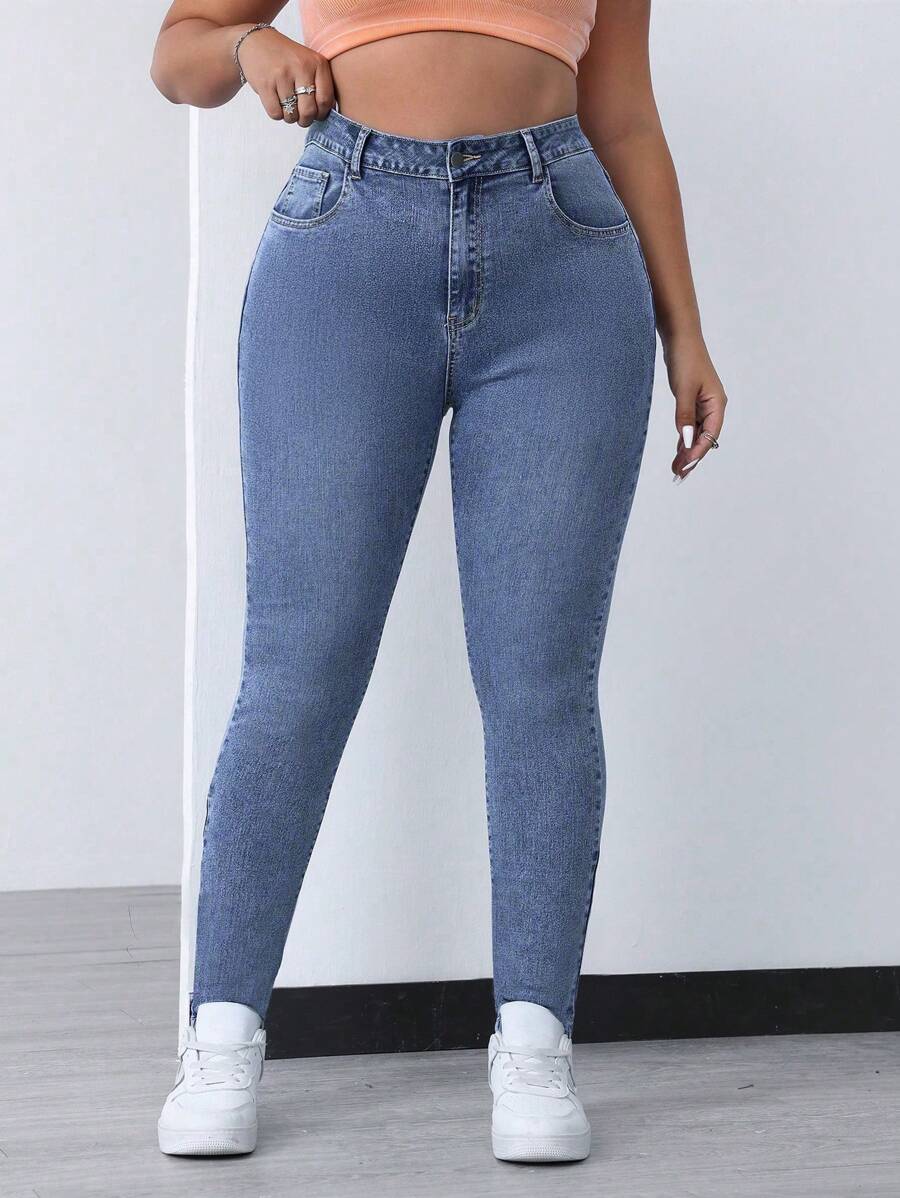 SHEIN EZwear Plus Size Solid Color Slim Fit Women Casual Denim Long ...