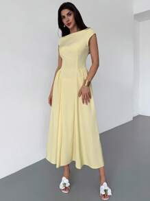 Firerie Women's Elegant Pale Yellow A-Line Midi Dress,Cap Sleeve ...