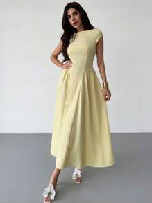 Firerie Women's Elegant Pale Yellow A-Line Midi Dress,Cap Sleeve ...