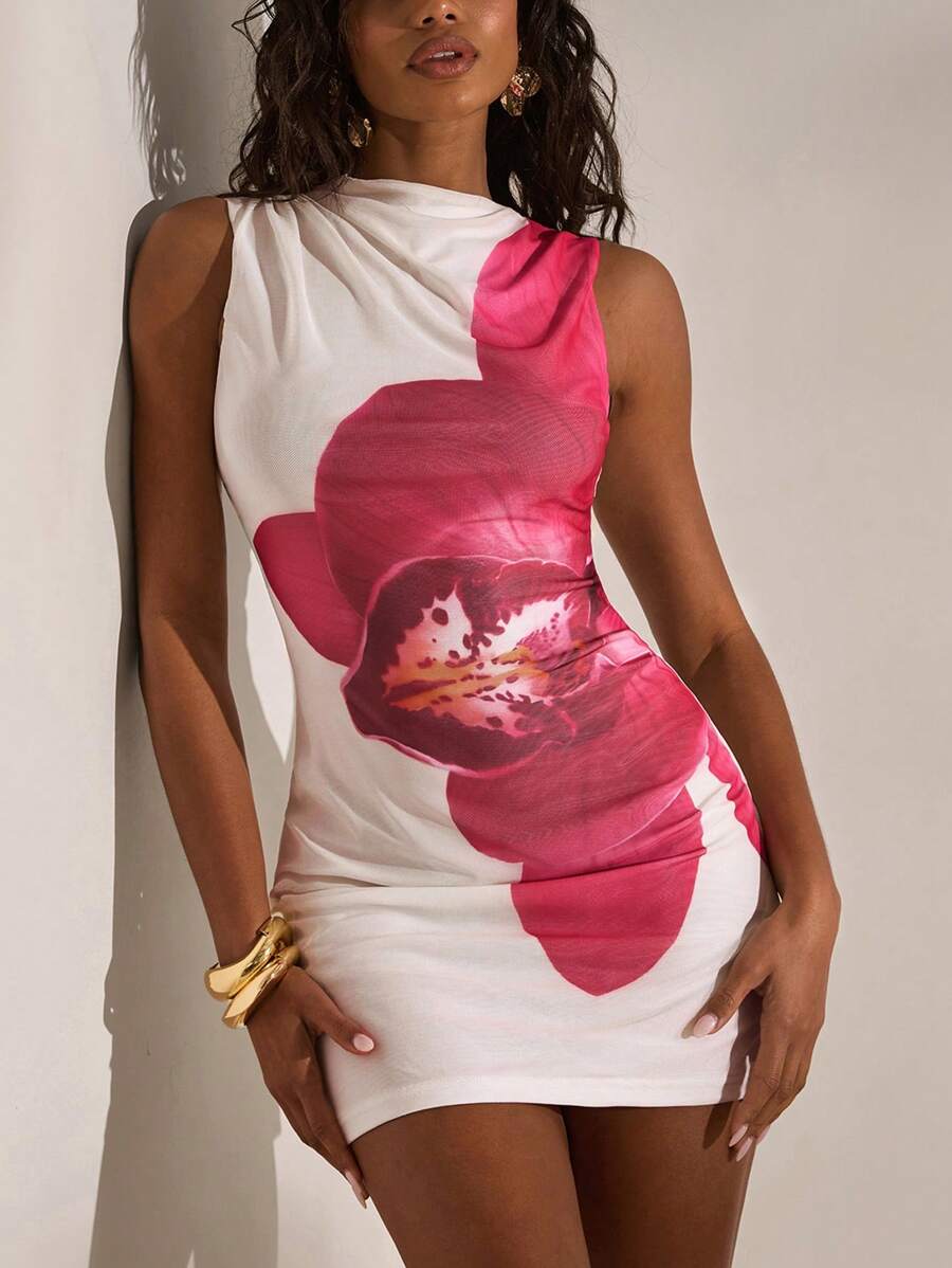 Opulessa White And Pink Knit Mesh Print Fitted Mini Dress For Women ...