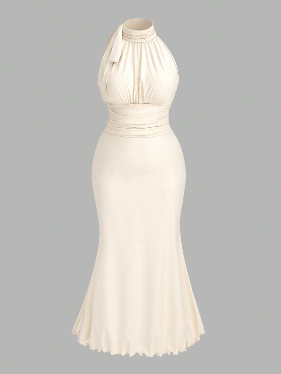 SHEIN MOD Plus Size White Halter Neck Fish Tail Dress, Elegant Party ...