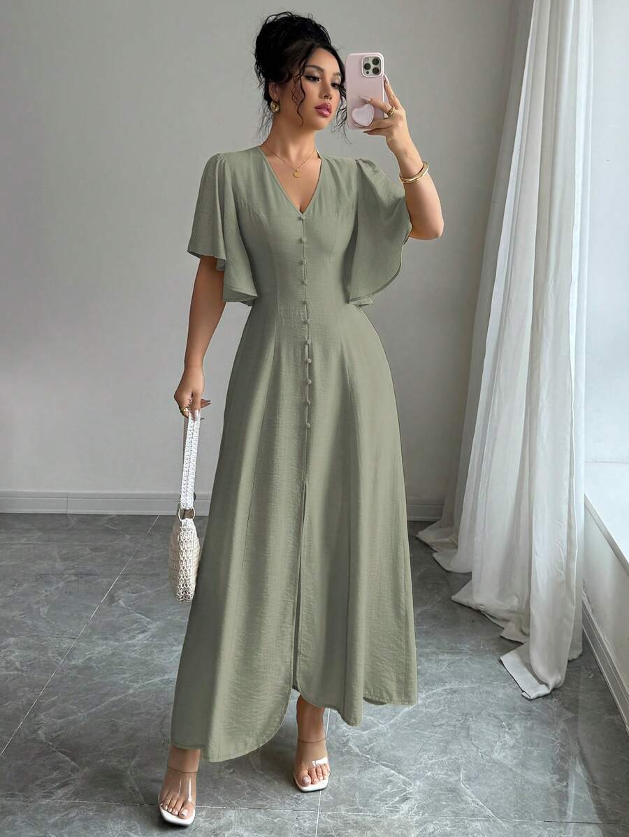 Selianne Women's Elegant Casual V-Neck Cinched Waist A-Line Split ...